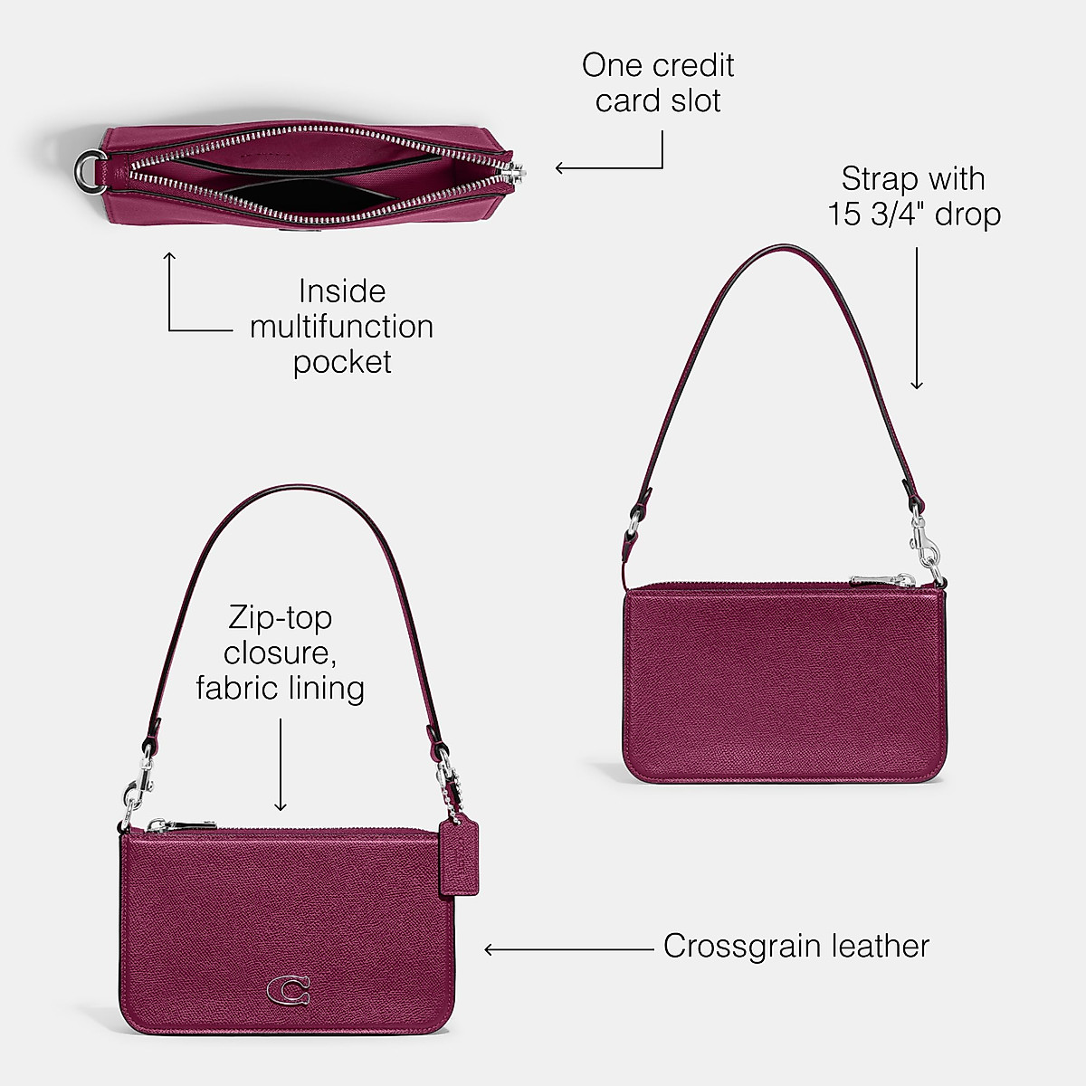 COACH Pouch Bag in Crossgrain Leather, Deep Plum