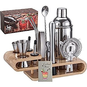 TONGTAIWQTJQ Bartender Kit Cocktail Shaker with Stylish Bamboo Stand,18-Piece Bar Tool Set with Recipes Booklet,Home Drink Mixer Set