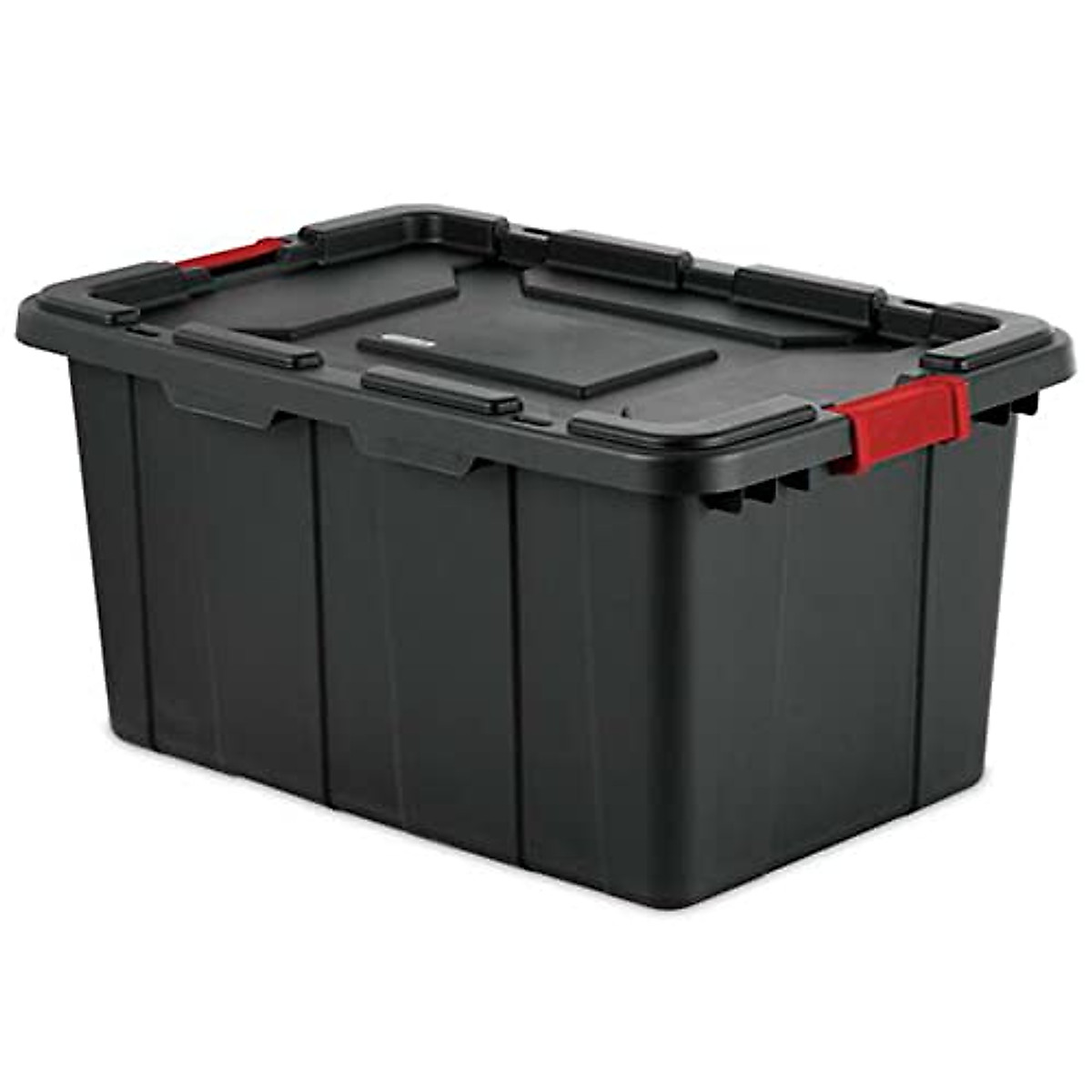 Sterilite 15 Gal Industrial Tote, Stackable Storage Bin with Latching Lid, Plastic Container with Heavy Duty Latches, Black Base and Lid, 12-Pack