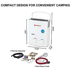 Camplux 5L Outdoor Portable Water Heater, 1.32 GPM Tankless Propane Gas Water Heater for RV, Camping, Barns, White