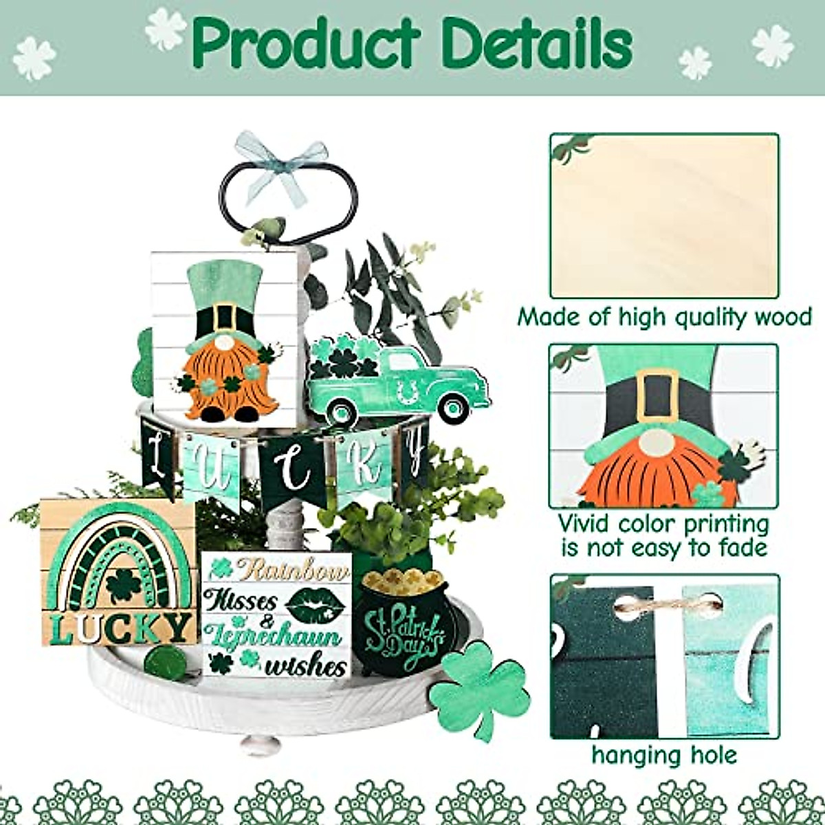 Glenmal 1 Set St. Patrick's Day Tiered Tray Decor Set Rustic Farmhouse Wood Sign Lucky Sign Shamrock Gnomes Wooden Tier Tray Decor Items for St. Patrick Irish Party