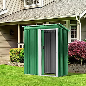 Arlopu 5 x 3 FT Outdoor Storage Shed, Metal Shed with Sliding Door, Waterproof Tool Storage Cabinet, Backyard Patio Lawn, for Bicycle, Garden Tool, Pet House, Utility Room (Dark Green)