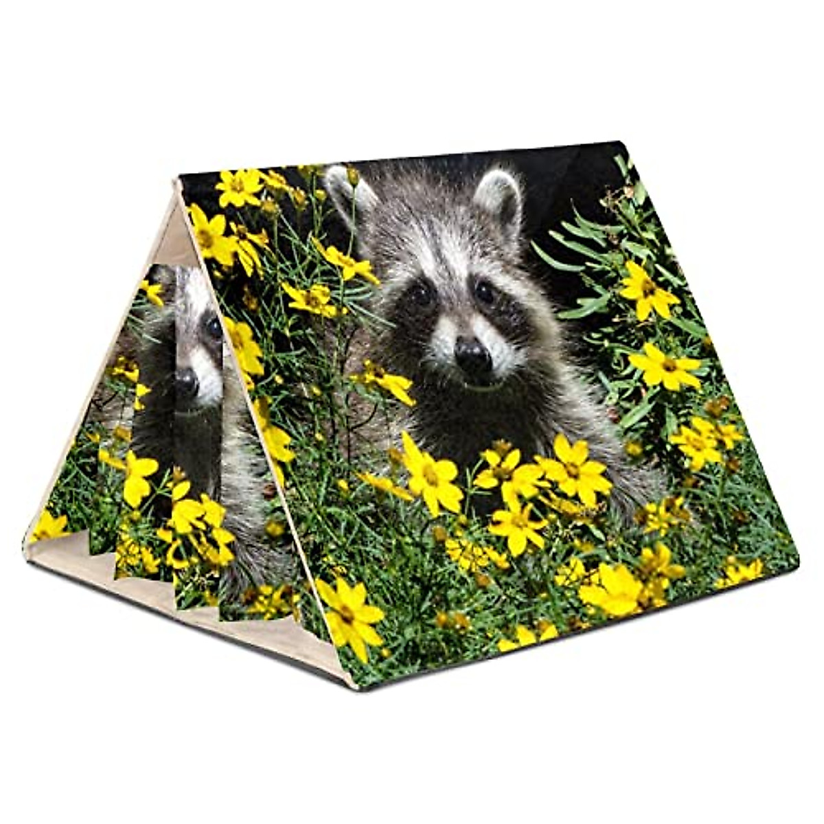 enheng Small Pet Hideout Raccoon Sitting Yellow Flowers Hamster House Guinea Pig Playhouse for Dwarf Rabbits Hedgehogs Chinchillas