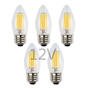 OPALRAY 4W Low Voltage DC/AC 12V LED Bulb, Dimmable with DC Dimmer, E26 Medium Base, Warm White Light, Clear Glass Torpedo Tip, 400Lm 40W Incandescent Equivalent, 12V-24V DC Power Input, 5 Pack