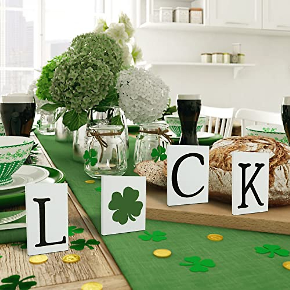 St. Patrick's Day Decorations- St Patricks Day Wood Table Sign with Four Leaf Clover Lucky Sign- St. Patrick's Day Wooden Block St. Patrick's Tiered Tray Decor for Table Home Office Party Decor