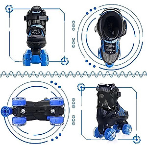 Roller Skates for Boys and Girls, 4 Sizes Adjustable Quad Skates for Kids with All Light up Wheels, Full Protection for Toddler's Indoor and Outdoor Sports Size 9 10 11 12