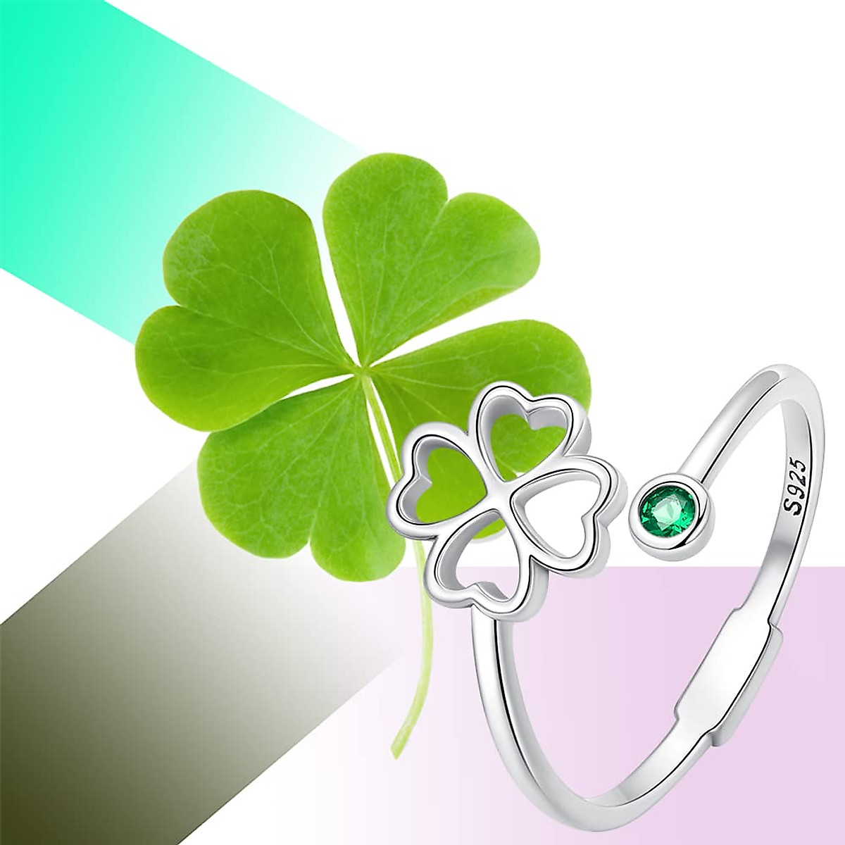 MUNDELL 925 Sterling Silver Simple Four Leaf Clover Adjustable Ring Green Zircon Lucky Statement Rings for Women Stacking Rings Fashion Jewelry