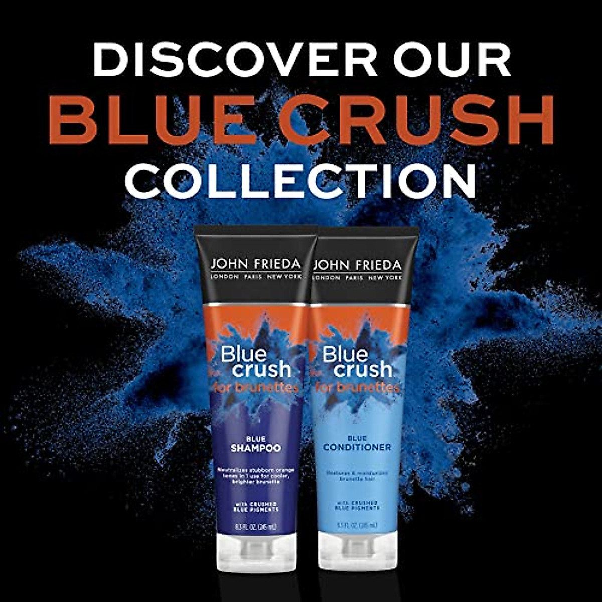 John Frieda Blue Crush Blue Shampoo and Conditioner Set for Brunettes, Crush Brassy Tones for Brunettes, 8.3 Fl Oz