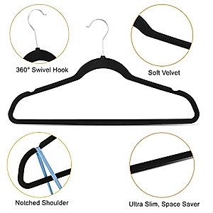 Velvet Clothes Hangers, 10 Pack Black Clothes Hangers, Non-Slip Hangers for Suit, Dress, Top Space Saving Clothing Hangers Set for Closet, Wardrobe, 360° Swivel Hook, Ultra Slim, Summer