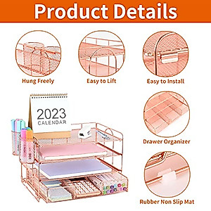 Spacrea Desk Organizers and Accessories - 4 Tier Letter Tray Paper Organizer with Drawer and 2 Pen Holder, Desktop File Organizer for Office Supplies(Rose Gold)
