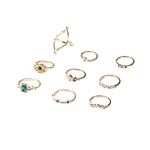 COLORFUL BLING Vintage Gold Silver Ring Set Green Blue Gem Rings Set Craved Rings Set Joint Knuckle Ring Set Finger Rings Stackable Retro Mid Rings for Women Girls - 9 Pcs Green