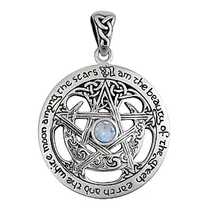 Dryad Design Sterling Silver Large Moon Goddess Wiccan Pentacle Pendant Natural Rainbow Moonstone; 1.25 Inch Diameter