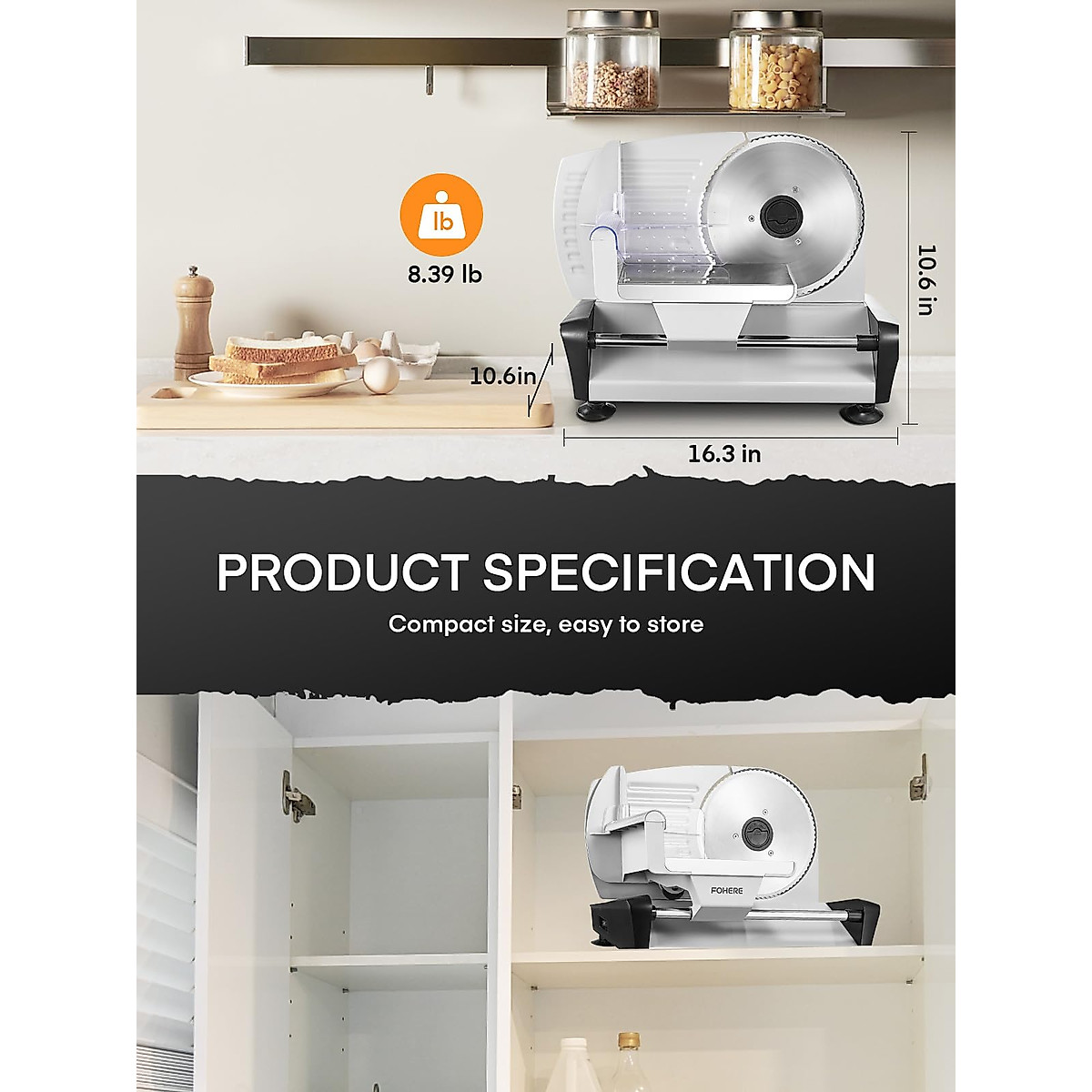 Meat Slicer for Home Use, FOHERE 200W Electric Deli Food Slicer With Two Removable 7.5" Stainless Steel Blade, Adjustable Thickness(0-15mm), Easy to Clean, Cut Meat Cheese Bread, Silver