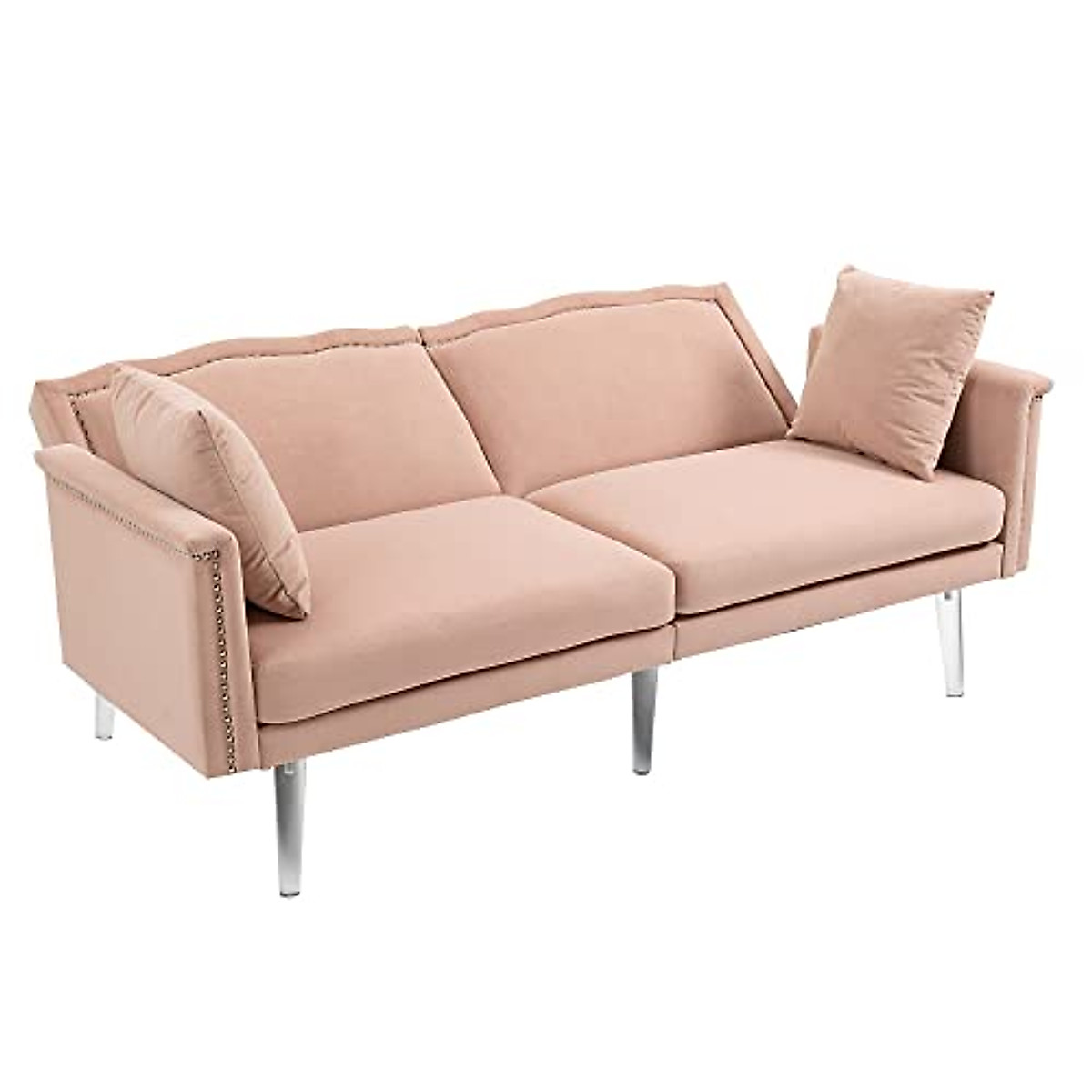 FULife 65" Mid Century Modern Velvet Upholstered Futon Sofa Split Back Loveseat Convertible Sleeper Couch Bed Daybed,Folding Recliner with Armrest&2 Pillows for Living Room/Compact Space, Pink