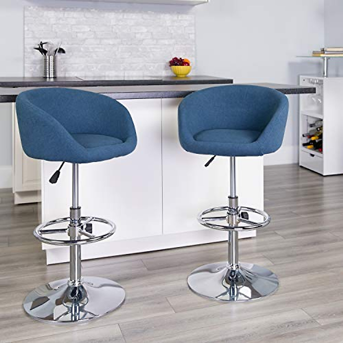 Flash Furniture Luis Contemporary Blue Fabric Adjustable Height Barstool with Barrel Back and Chrome Base