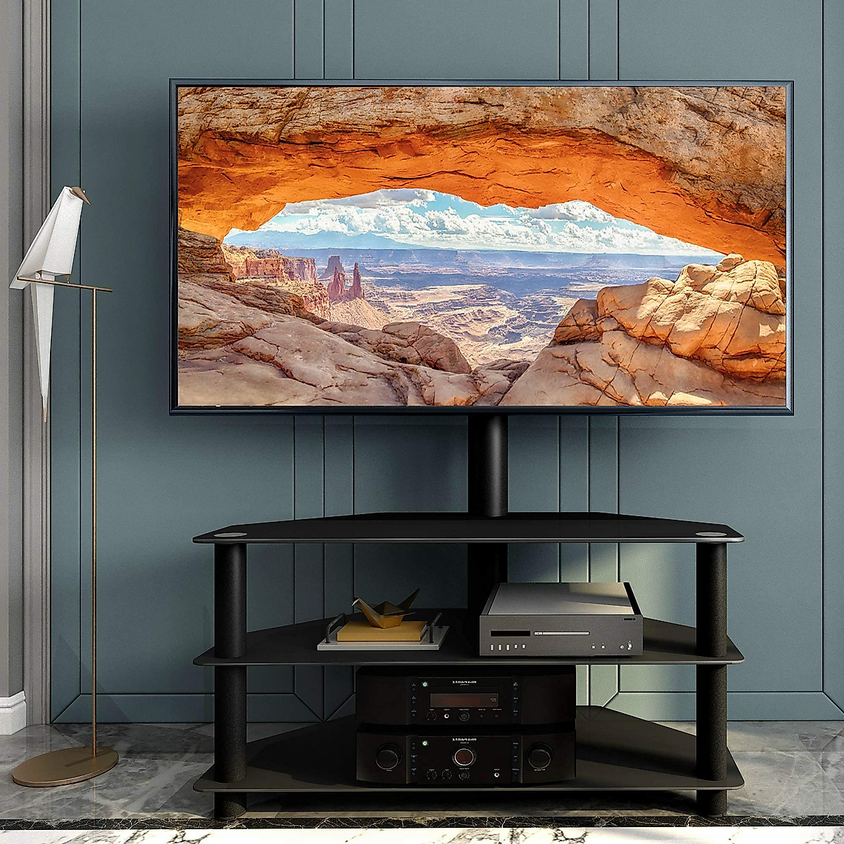 IANIYA Swivel Floor TV Stand Height Adjustable Bracket Entertainment Stand for 32 to 65 inch TV | 3-Tier BlackTempered Glass Multi-Function TV Stand