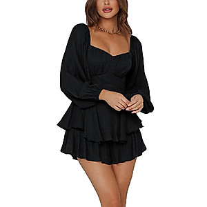 LYANER Women's Jumpsuit Lantern Long Sleeve Ruffle Layer Tie Mini Short Romper Solid Black Small