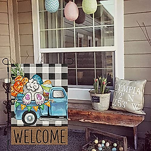 CROWNED BEAUTY Easter Truck Garden Flag Buffalo Plaid 12x18 Inch Double Sided for Outside Bunny Tail Burlap Small Welcome Yard Holiday Decoration CF707-12