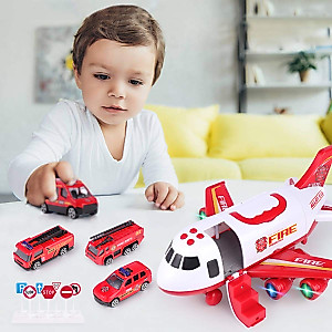 Airplane Toys, Cars Toys Set Fire Truck/Engineering Vehicle/Police Car Toys Christmas Birthday Gift for 3 4 5 6 Years Old Boys Toddlers Deformable Aircraft Storage Cars Toy (red in Blue Police Box)