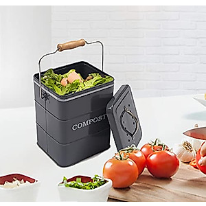 Compost Bin Kitchen Countertop Indoor Compost Pail Bucket, Great for Food Scraps, Carbon Steel, Handles, Gray, 1 Gallon - Includes Charcoal Filter