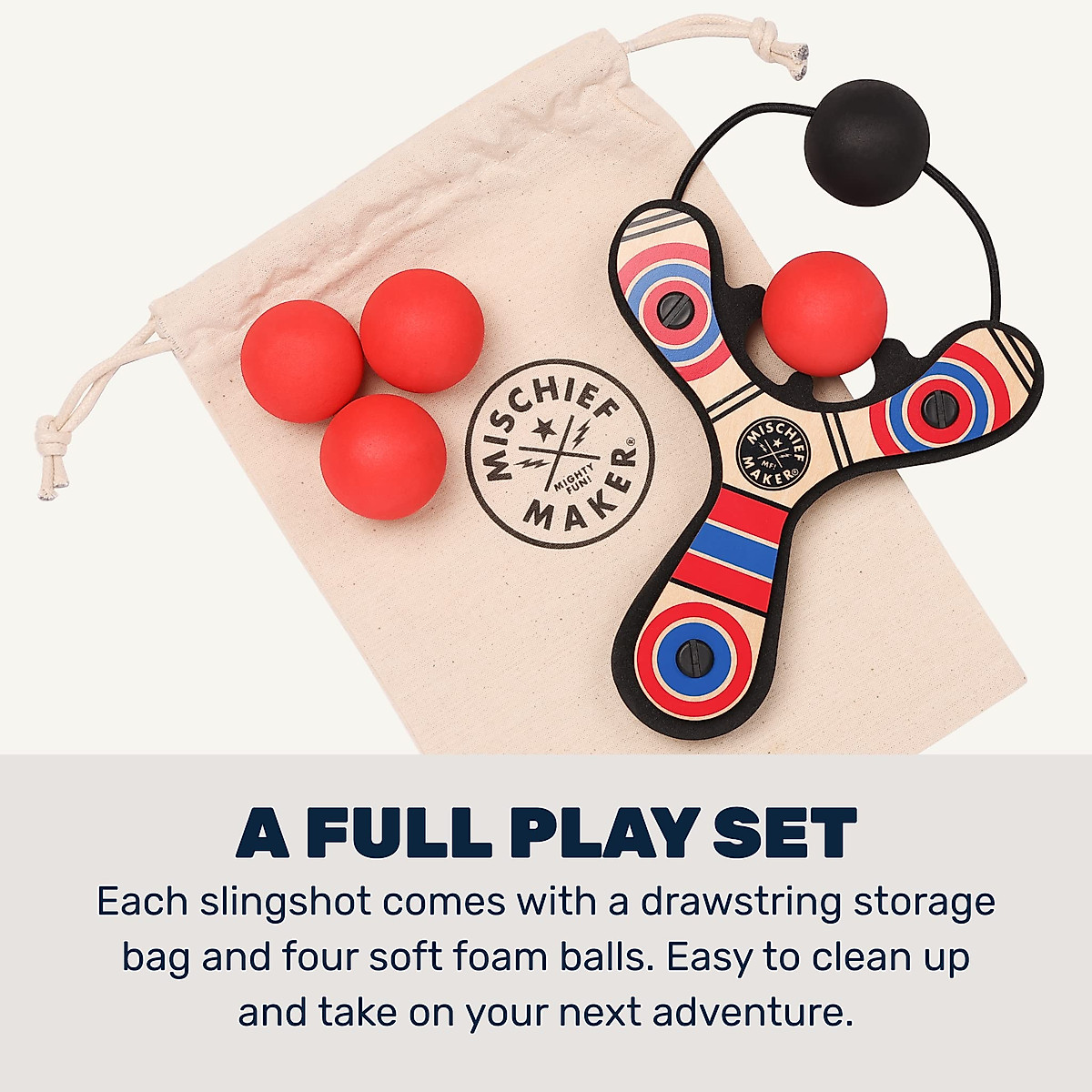 Mighty Fun! - Mischief Maker® Wooden Slingshot - Classic Series - Real Wood Slingshot for Kids, 4 Soft Foam Balls and Storage Bag - Ages 4+ (red)