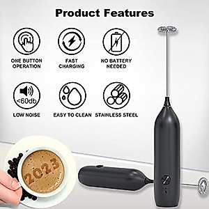 Rechargeable Milk Frother Handheld Electric Whisk Beater Foam Maker, Durable Mini Drink Mixer and Coffee Blender Frother for Coffee, Latte, Cappuccino, Frappe, Matcha, Hot Chocolate, Egg (Black)