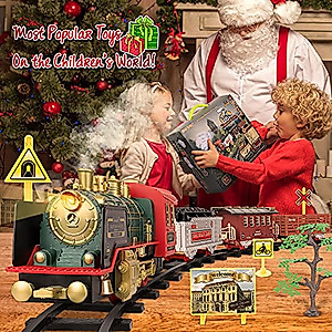 Mini Tudou Christmas Electric Train Set w/Steam, Sound & Light, Remote Control Train Toys w/Steam Locomotive Engine, Cargo Cars & Tracks, Toy Train w/Rechargeable Battery for Kids Boys 3+ Year Old