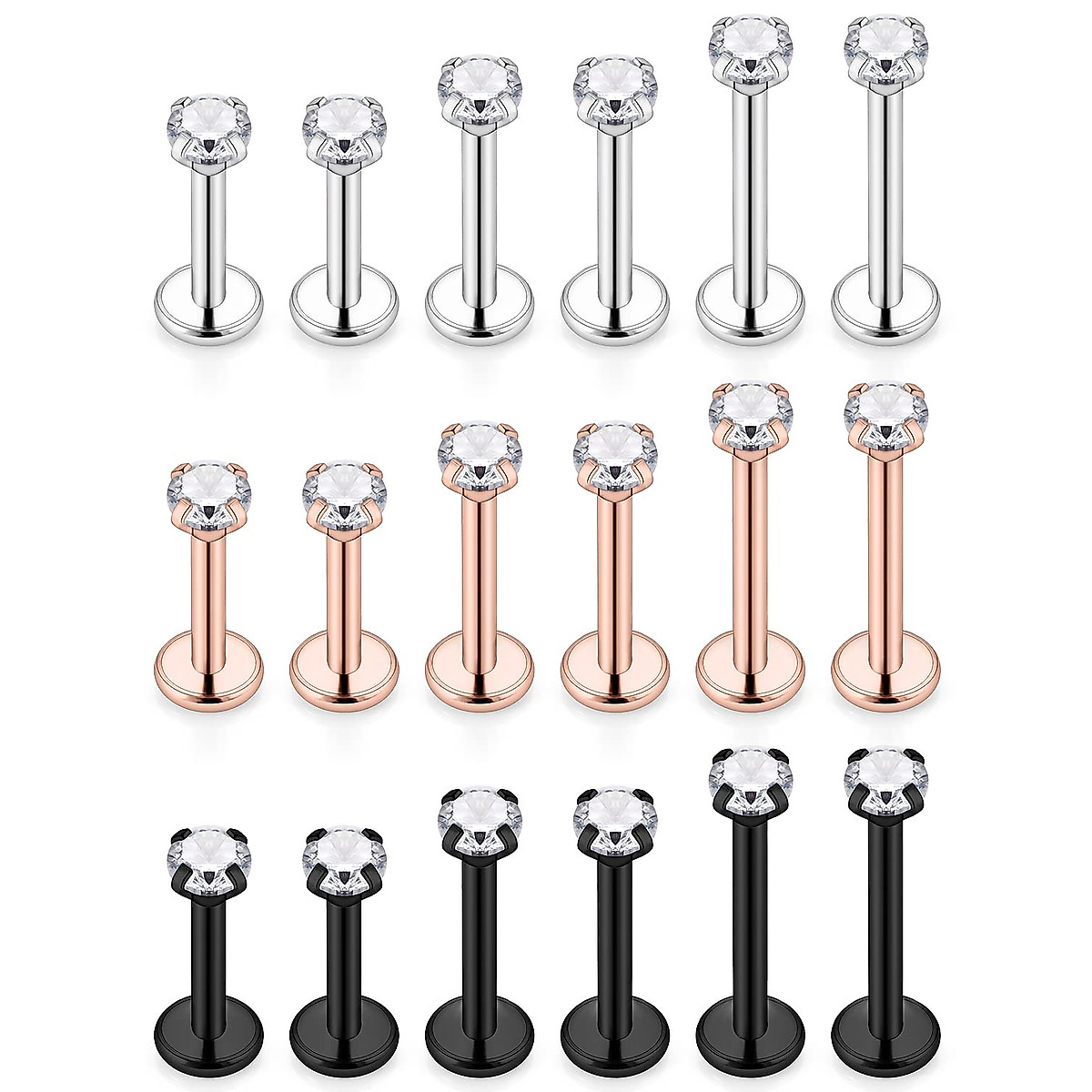 Ftovosyo Medusa Piercing Jewelry 18PCS Labret Jewelry Monroe Lip Rings Surgical Steel Cartilage Earring Tragus Studs Helix Piercing Jewelry for Women Men Silver-tone Black Rose Gold