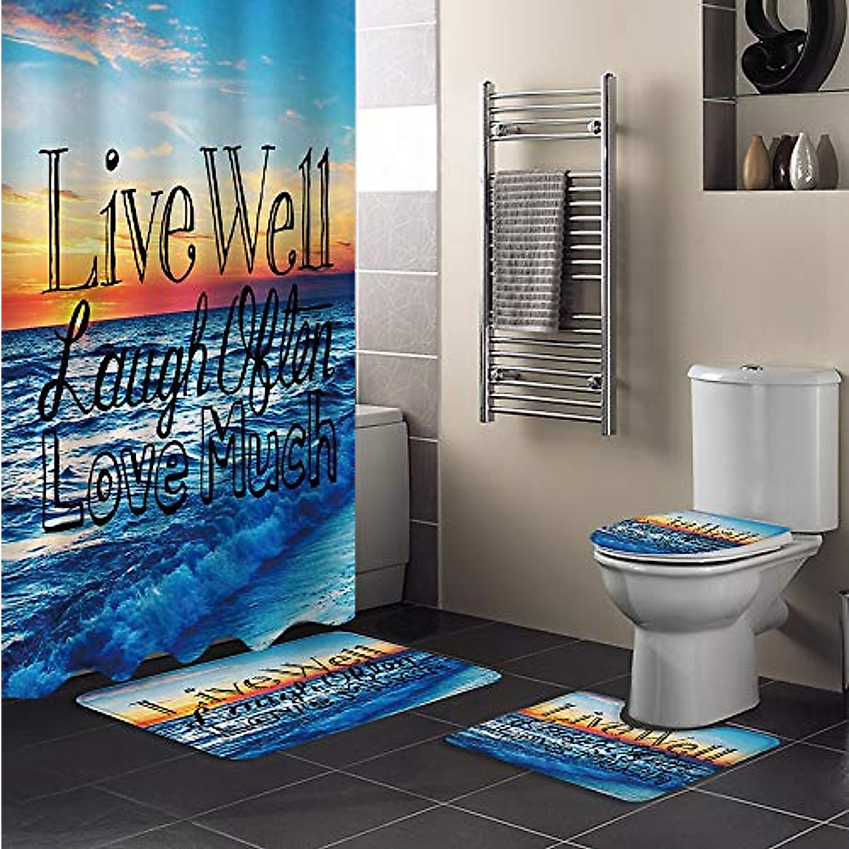 4 Pcs Shower Curtain Sets with Rugs Live Well Laugh Often Love Much Non-Slip Soft Toilet Lid Cover for Bathroom Beach Sunset Bathroom Sets with Bath Mat and 12 Hooks