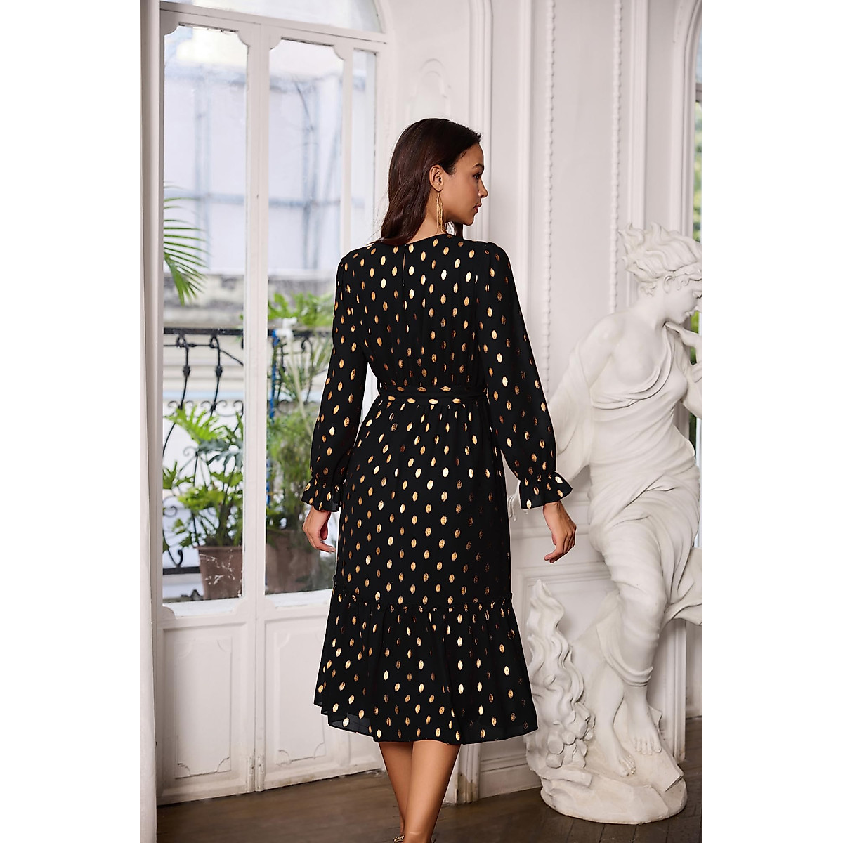 GRACE KARIN Long Sleeve Dress for Women Gold Polka Dot Round Neck Ruffle Tiered A-Line Cocktail Midi Dresses with Slit Black S