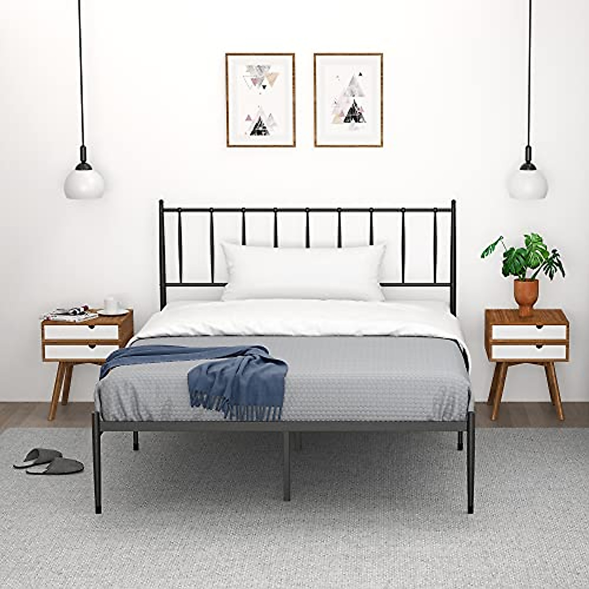 Fancihabor Queen Size Bed Frame with Upholstered Headboard, Metal Slats Support Platform Bed Frame with Storage, No Box Spring Needed (Queen)