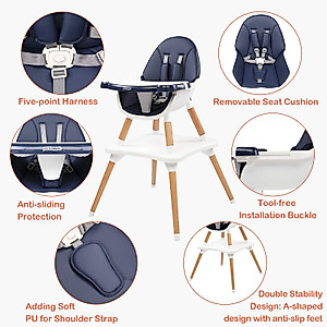 JOYMOR 5-in-1 Convertible Baby High Chair for Babies and Toddlers, Table and Chair Set, Wooden Infant Eating Highchair with Leather Seat Cushion, 4-Position Removeable & Adjustable Tray (Blue)