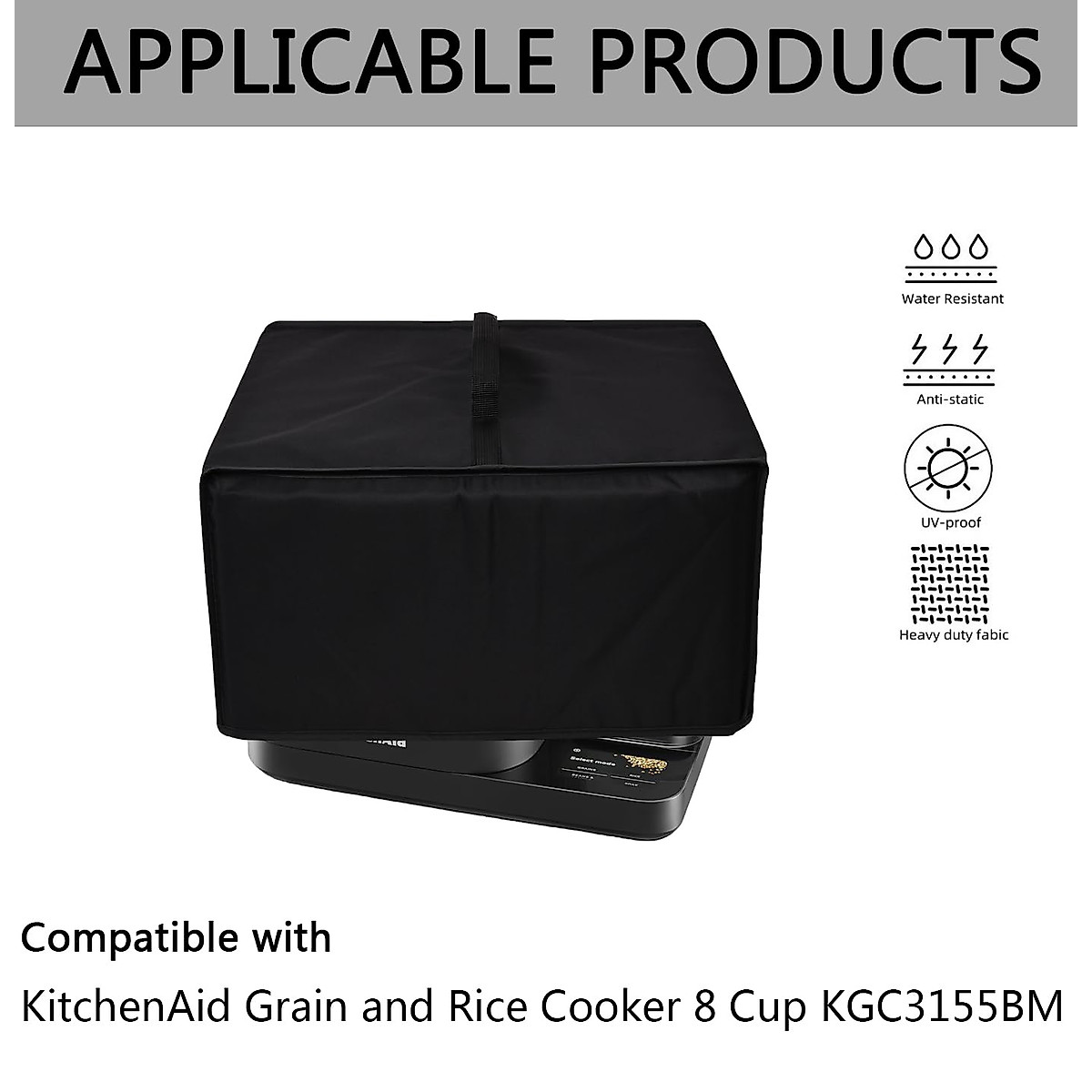 CouldyCasi Rice Cooker Cover, Heavy Duty Heat Resistant Waterproof Nylon Material, Rice Cooker Dust Protective Cover Case for KitchenAid Grain and Rice Cooker 8 Cup KGC3155BM