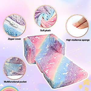 Kirumie Kids Couch Glow in The Dark, Toddler Couches That Fold Out, 2-in-1 Convertible Sofa to Lounger, Soft Kids Sofa with Blanket, Toddler Chair Comfy Sofa for Girls, Pink