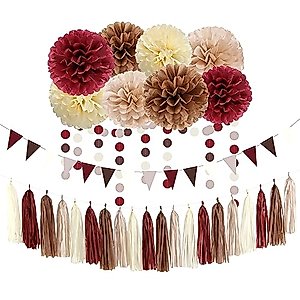 Brown Burgundy Champagne-Gold Party-Decorations - 30pcs Rustic Boho Wedding Tissue Pom-Poms Streamers ,Fall Autumn Tassel Garland Banner,Birthday Baby Bridal Shower Engagement Decor Lasting Surprise