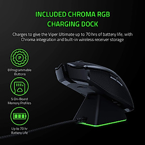 Razer Viper Ultimate with Charging Dock - Ambidextrous Esports Gaming Mouse Powered by HyperSpeed Wireless Technology (Focus+ 20K Optical Sensor, 74g Lightweight, RGB Chroma) Black