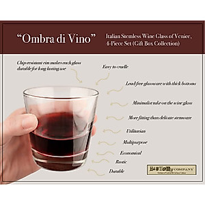 HISTORY COMPANY Ombra di Vino Traditional Italian Stemless Wine Glass of Venice, 4-Piece Set (Gift Box Collection)