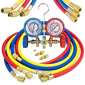 Air conditioning Refrigerant Charging Hoses with Diagnostic Manifold Gauge Set and 2 Quick Coupler for R410A R22 R404 Refrigerant charging,1/4" Thread Hose Set 60" Red/Yellow/Blue (3pcs)