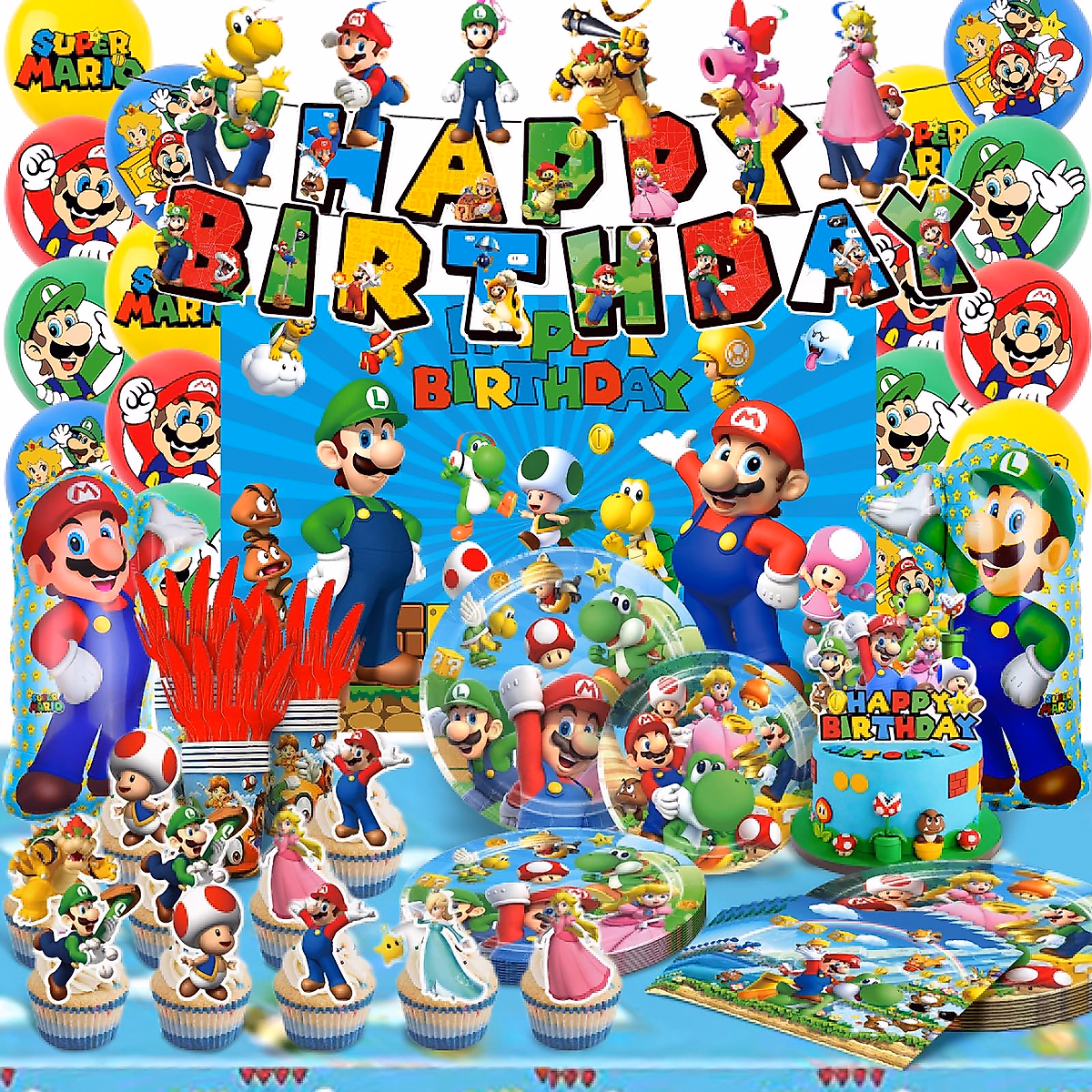 117Pcs Birthday Party Supplies - Birthday Decorations Kit for Boys Kids Including Balloons, Banner, Tableware, Swirls, Tablecloth, Plates, Cutlery, Forks, Spoons, Knife & Napkins (Buy This)