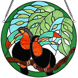 Bieye W10070 Pair of Toucans in The Swiss Cheese Plant Tiffany Style Stained Glass Window Panel, Round Shape, 16 inches Wide