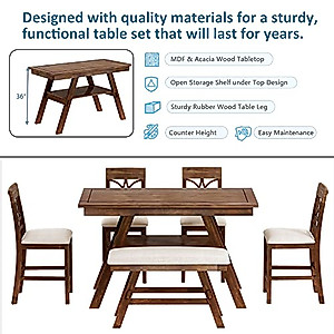 Merax 6-Piece Rustic Style Wood Counter Height Dining Table Set with Storage Shelf, Bench and 4 Chairs, Walnut+Beige