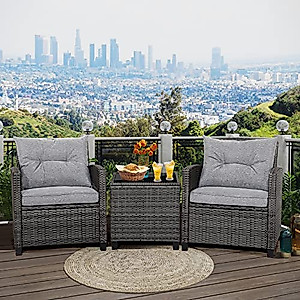 RELAX4LIFE Wicker Patio Furniture Sets - 3 Pieces Patio Rattan Sofa Set, Outdoor Conversation Set with Tempered Glass Tabletop, Heavy-Duty Steel Frame, Wicker Chair Set for Poolside, Backyard, Grey