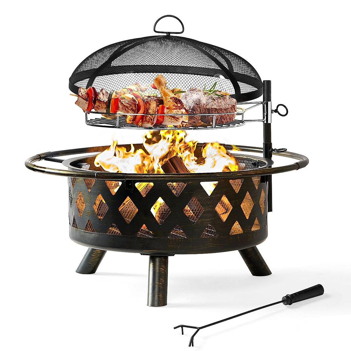 Breezestival 30 inch Fire Pits for Outside with Grill Outdoor Wood Burning with Removable Cooking Swivel BBQ Grill, Cover & Fire Poker for Backyard Bonfire Patio(Black)