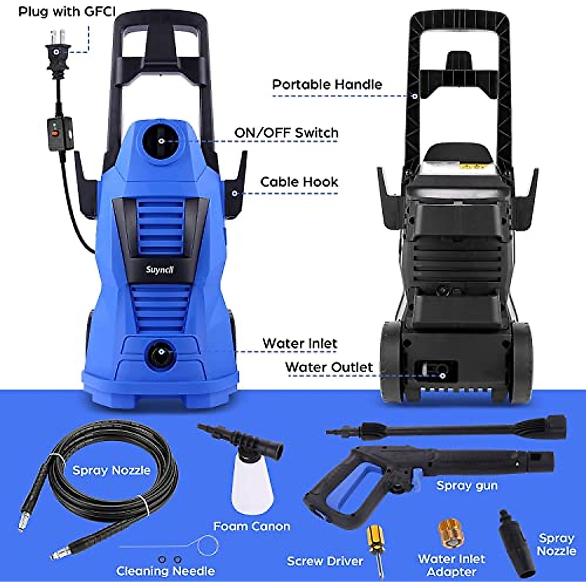 Pressure Washer ,Suyncll High Power Washer 2.5GPM Electric Pressure Washer Power Washers Machine with Adjustable Nozzle Soap Bottle for Homes, Cars, Driveways, Patios and Garden (Blue)