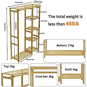 MOUTIK Bamboo Open Wardrobe Coat Stands: Wood Clothing Hanging Rail Garment Rack with Back Cover - Freestanding 6 Shelves Closet Organizer for Clothes Shoes Storage