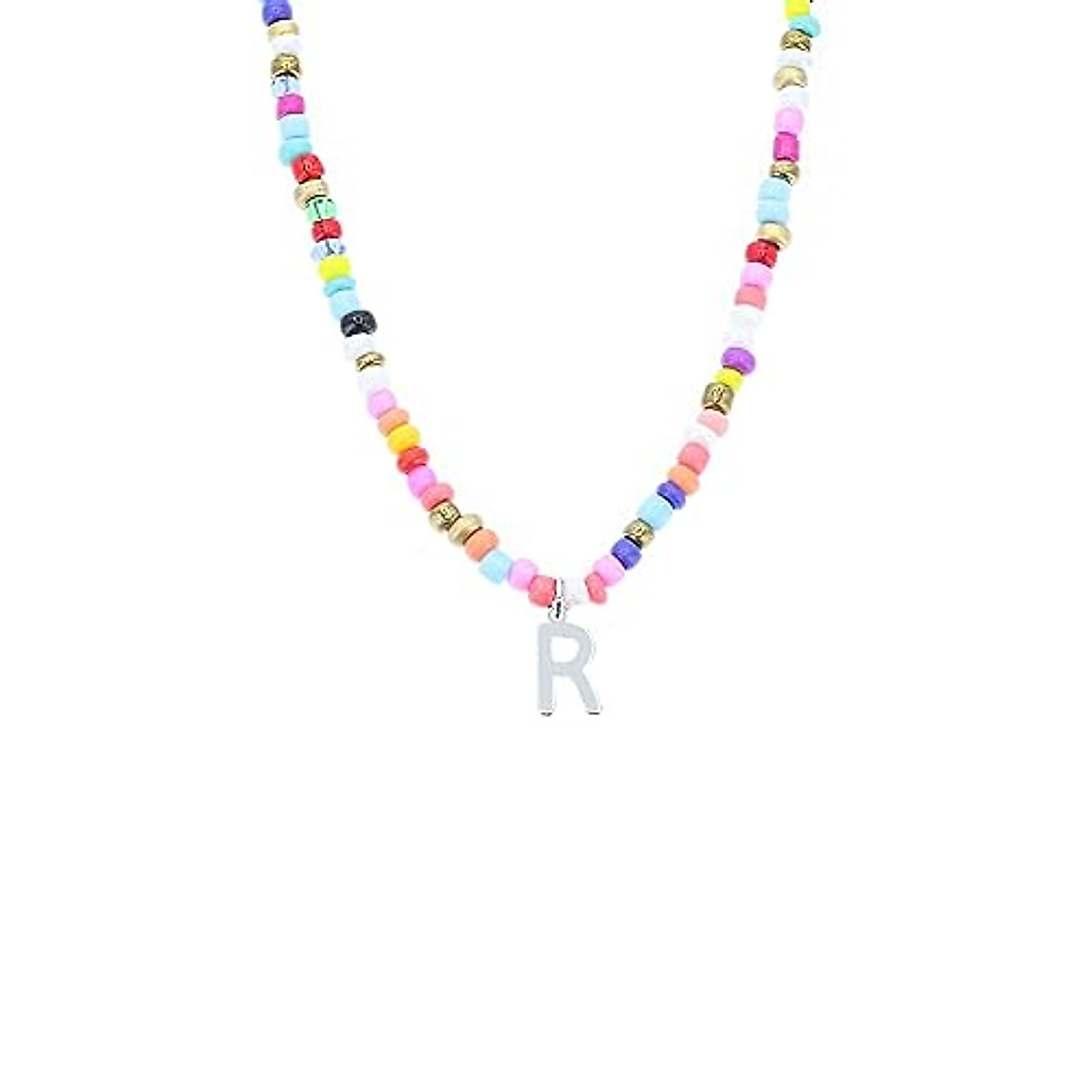 Multicolored Seed Bead Necklace - Personalized Silver Initial, Smiley Face, Heart - Best Friend Sister Girl Teen Gift - DII