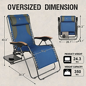 PORTAL Zero Gravity Oversized, Folding Reclining Patio, Full Padded Outdoor Foldable Lounge Chair with Adjustable Headrest, Support 350 LBS, Blue