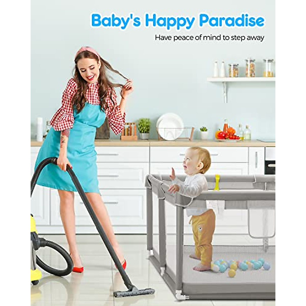 HEAO Baby Playpen for Toddler, Large Baby Playard 79 "X 59", Sturdy Play Yard with Soft Breathable Mesh, Safety Playpen for Babies, with 30 Pits Balls&Anti-Slip Base&6 Pull Rings, Light Grey