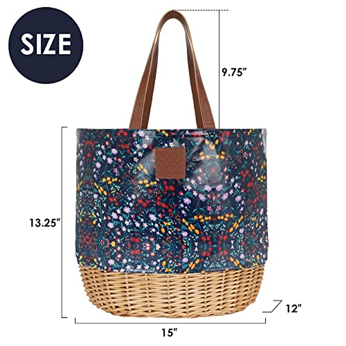 WILLOW WEAVE Portable Picnic Basket Set with Service for 2, Sturdy Woven Base & Canvas Picnic Beach Tote Bag with Drawstring Closure & Insulated Lining, for Outdoor Events, Shopping - Blue Floral