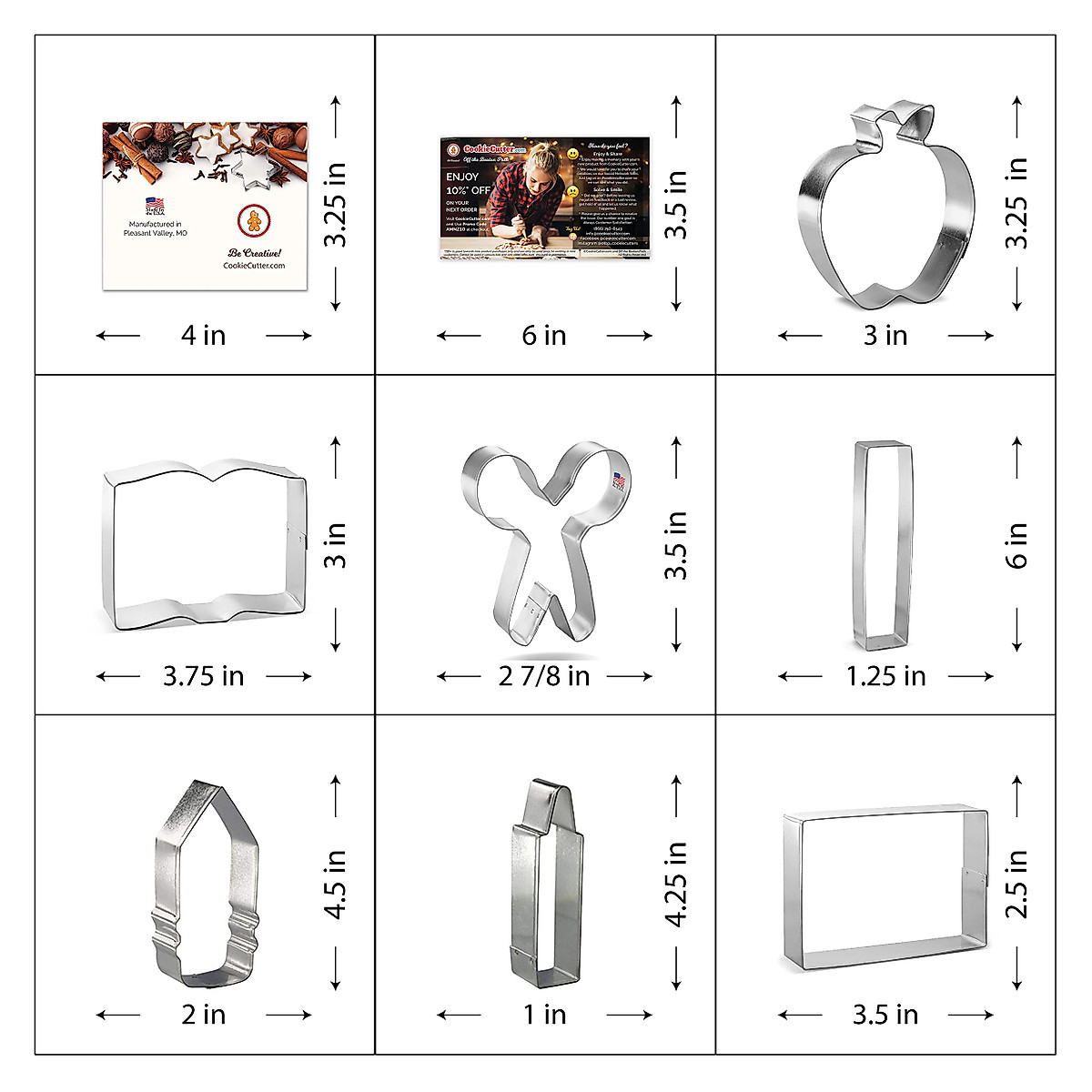 Foose Brand Back To School Teacher Appreciation Cookie Cutter 7 Pc Set –School Book, Ruler, Crayon, Scissors, Rectangle, apple, and pencil Cookie Cutters Hand Made in the USA from Tin Plated Steel